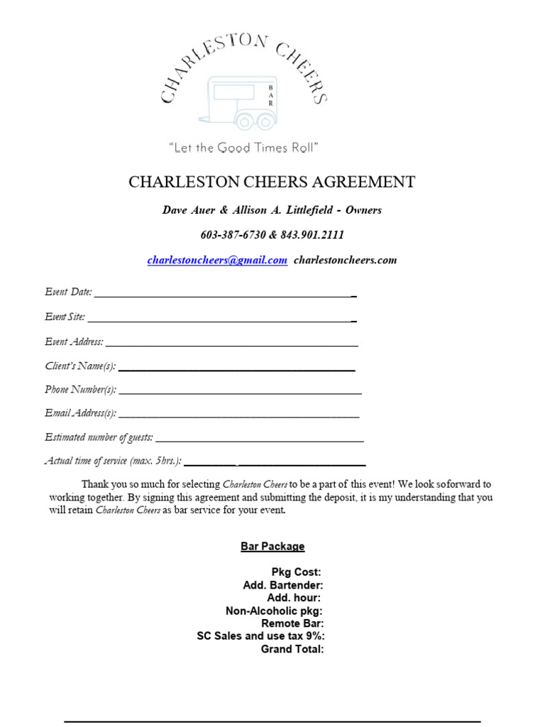 Charleston Cheers 2022 Agreement PDF | PDF | Payments | Fee