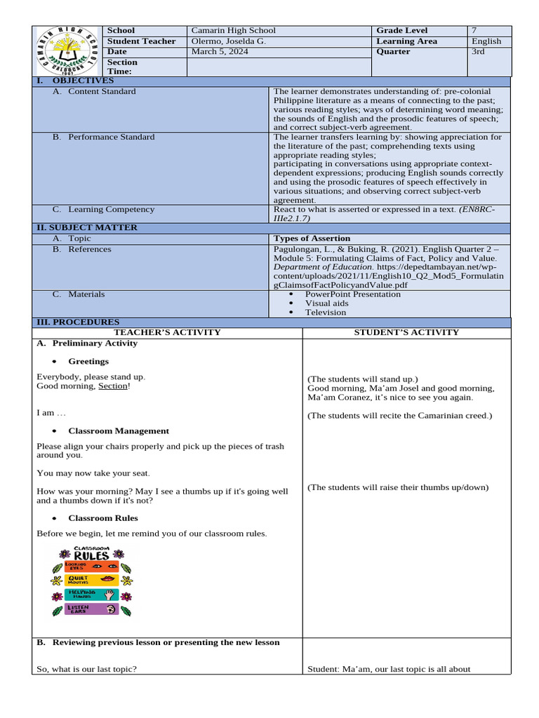Types of Assertions Lesson Plan | PDF | Learning | Empathy