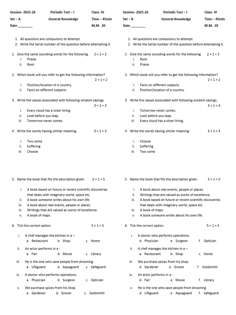 Paper GK 4th Class Merged | PDF