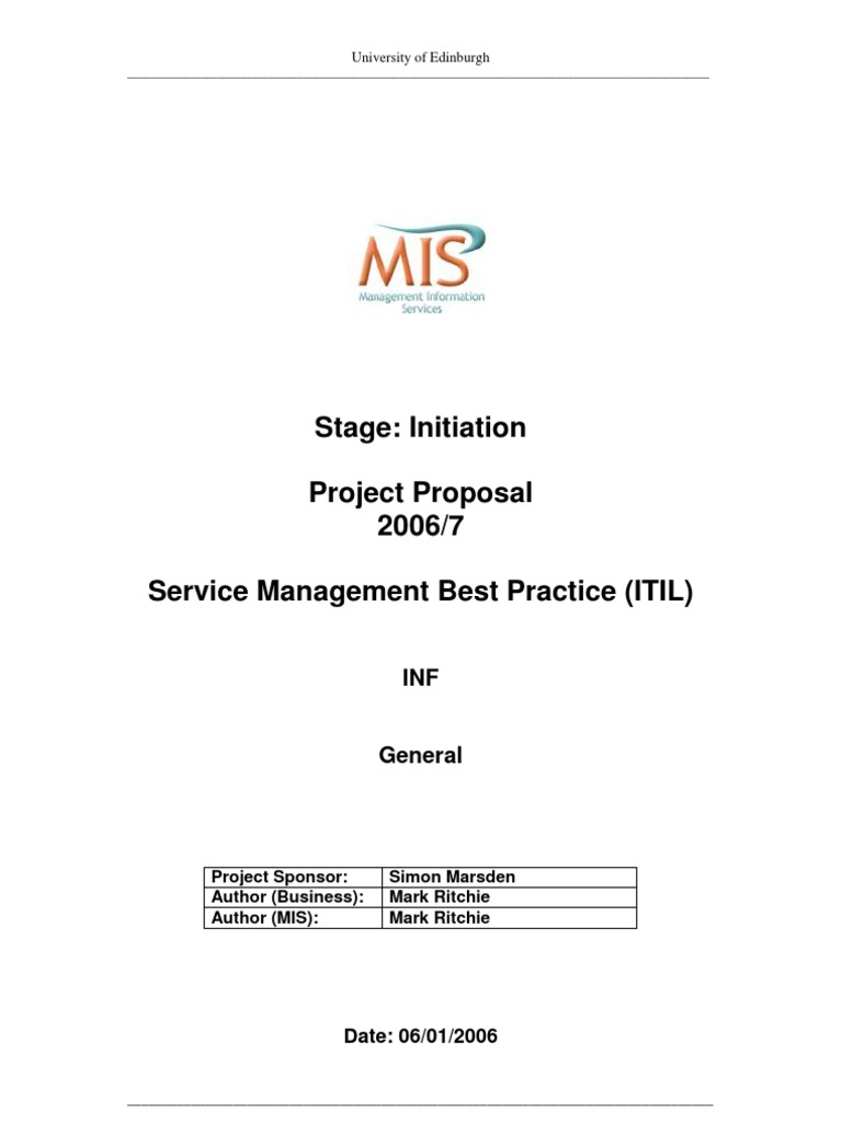 Stage: Initiation Project Proposal 2006/7 Service Management Best ...
