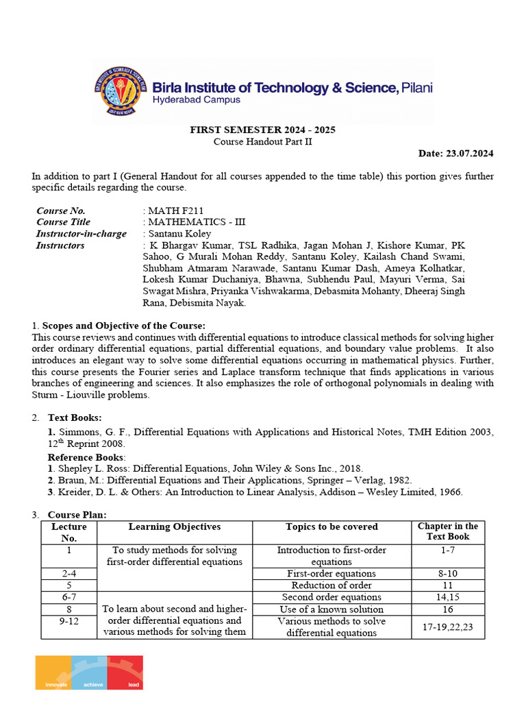 MATH F211 Course Handout | PDF | Equations | Applied Mathematics