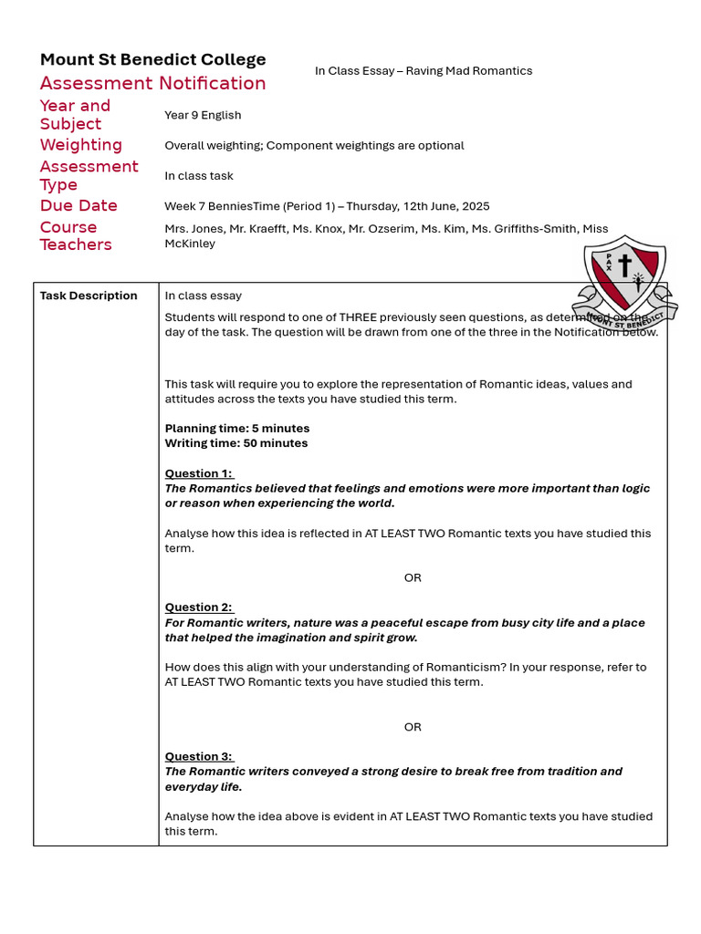 Year 9 English 2025 Task 2 | PDF | Romanticism | Plagiarism