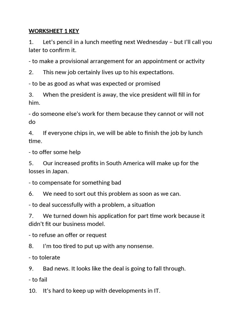 Phrasal Verbs at Work WORKSHEET 1 KEY | PDF