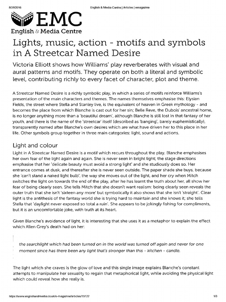 Lights Music Action - Motifs and Symbols in A Streetcar Named Desire by ...