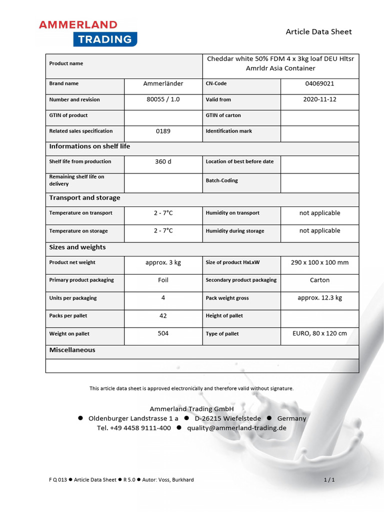 Ammerland Cheddar White Cheese Product Specs | PDF