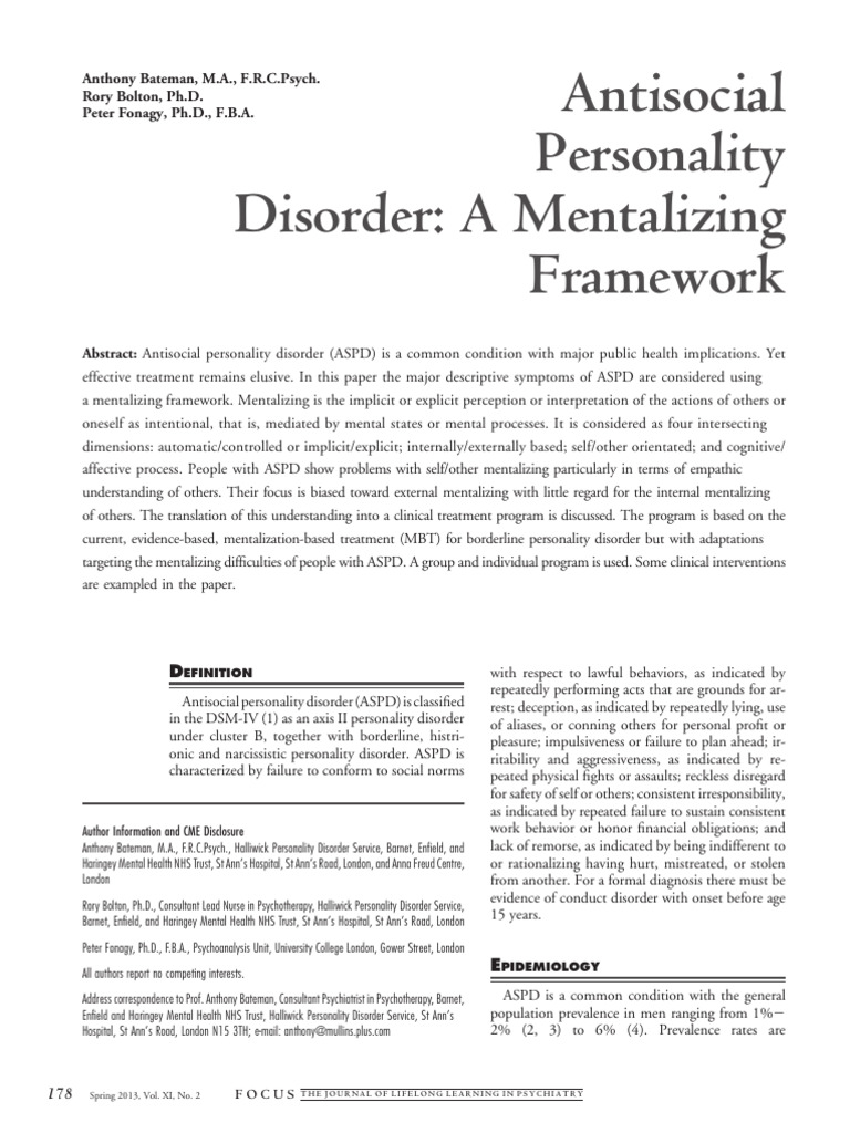 Bateman Et Al. - 2013 - Antisocial Personality Disorder A Mentalizing Framework | PDF ...