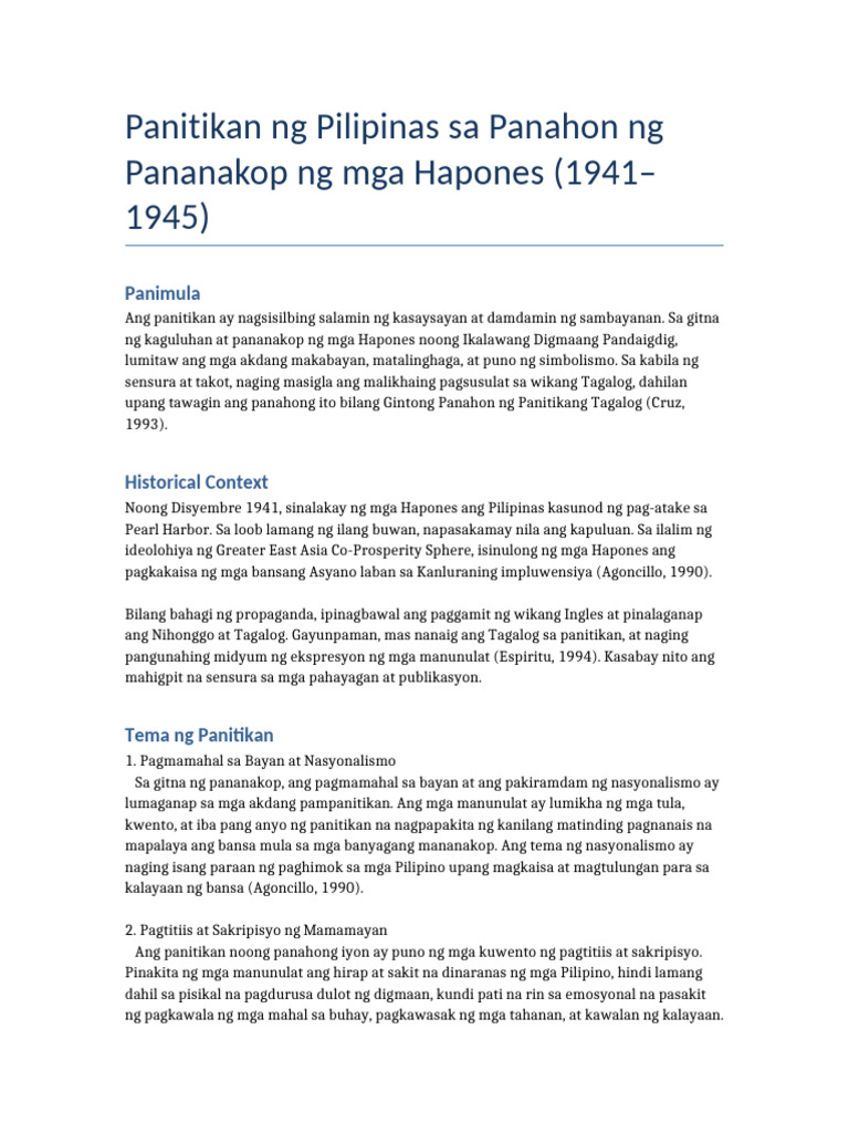 Panitikan NG Pilipinas Sa Pananakop NG Mga Hapones | PDF