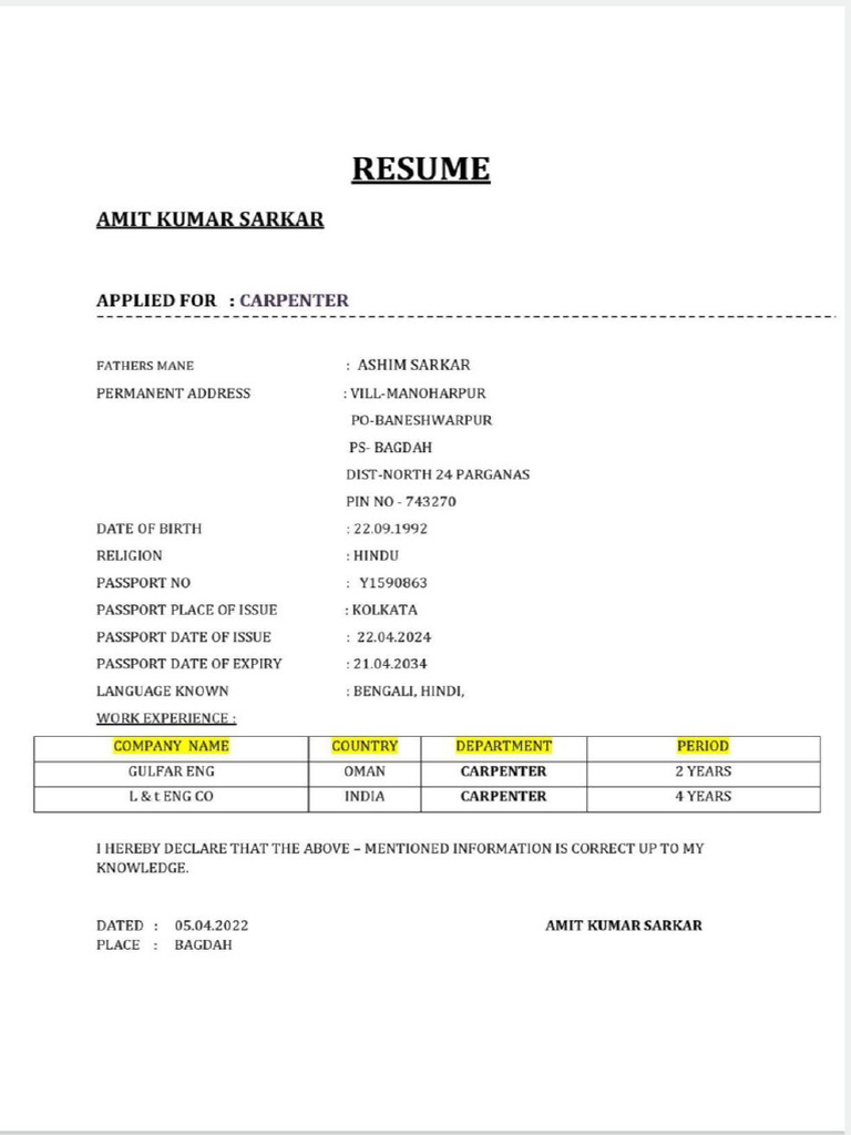 Amit Kumar Sarkar Shuttering Carpenter | PDF