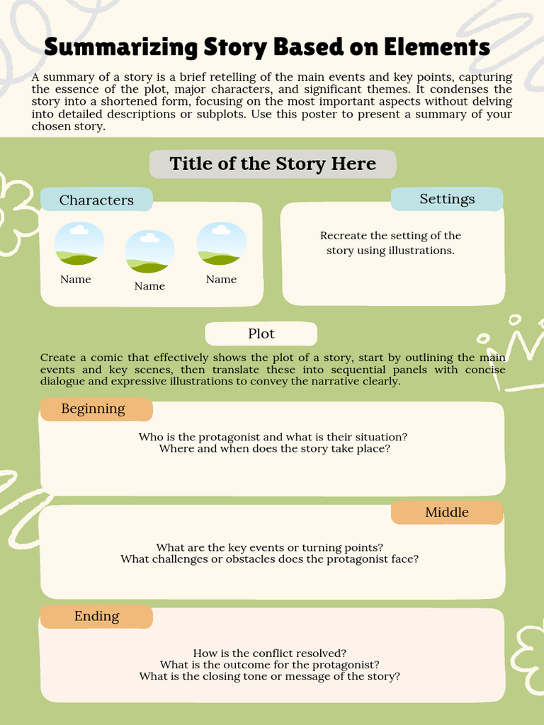 Summarizing Story Based On Elements Education Worksheet in Green Hand ...