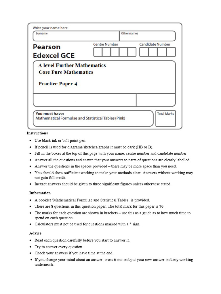 Core Pure Mathematics Practice Paper | PDF | Mathematics | Mathematical ...