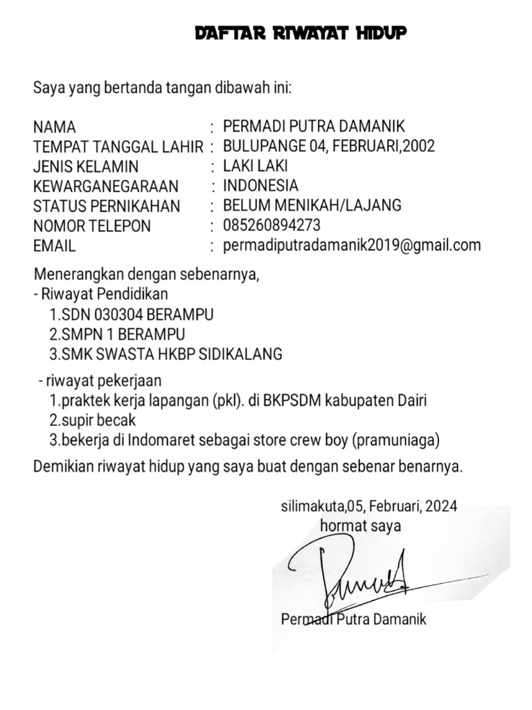 Daftar Riwayat Hidup Permadi Putra Damanik | PDF