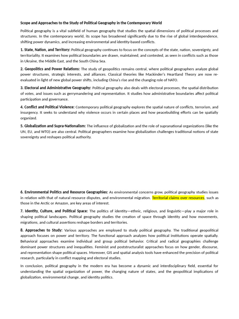 Scope and Approaches To The Study of Political Geography in The ...