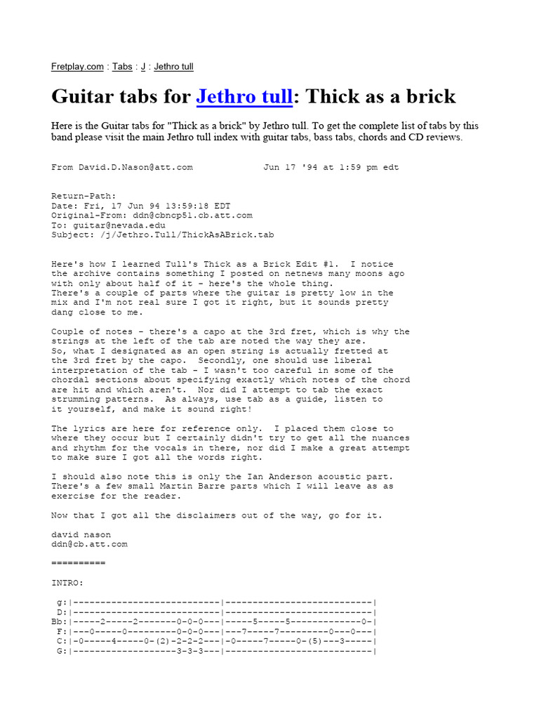Jethro Tull - Thick As A Brick - Guitar Tabs | PDF | Guitars | Song ...