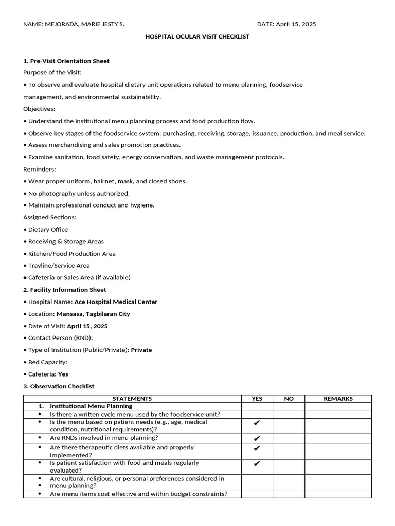 Hospital Ocular Visit Checklist | PDF | Foodservice | Food Safety