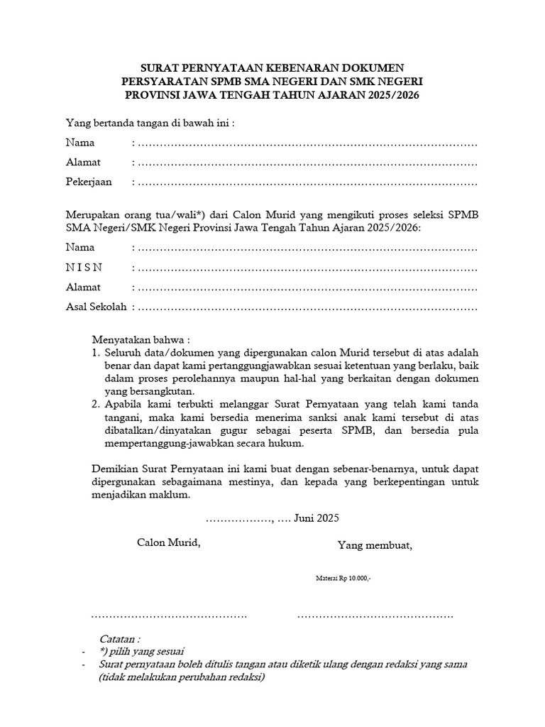 Surat Pernyataan Kebenaran Dokumen Persyaratan SPMB Sma N Dan SMK N Provinsi Jateng Tahun Ajaran ...