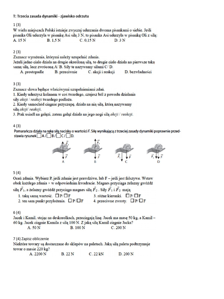 Zad. III Zasada Dynamiki - Zajwisko Odrzutu | PDF