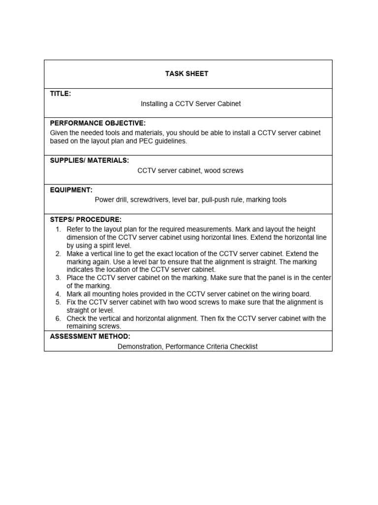 Task Sheet - Installing A CCTV Server Cabinet | PDF