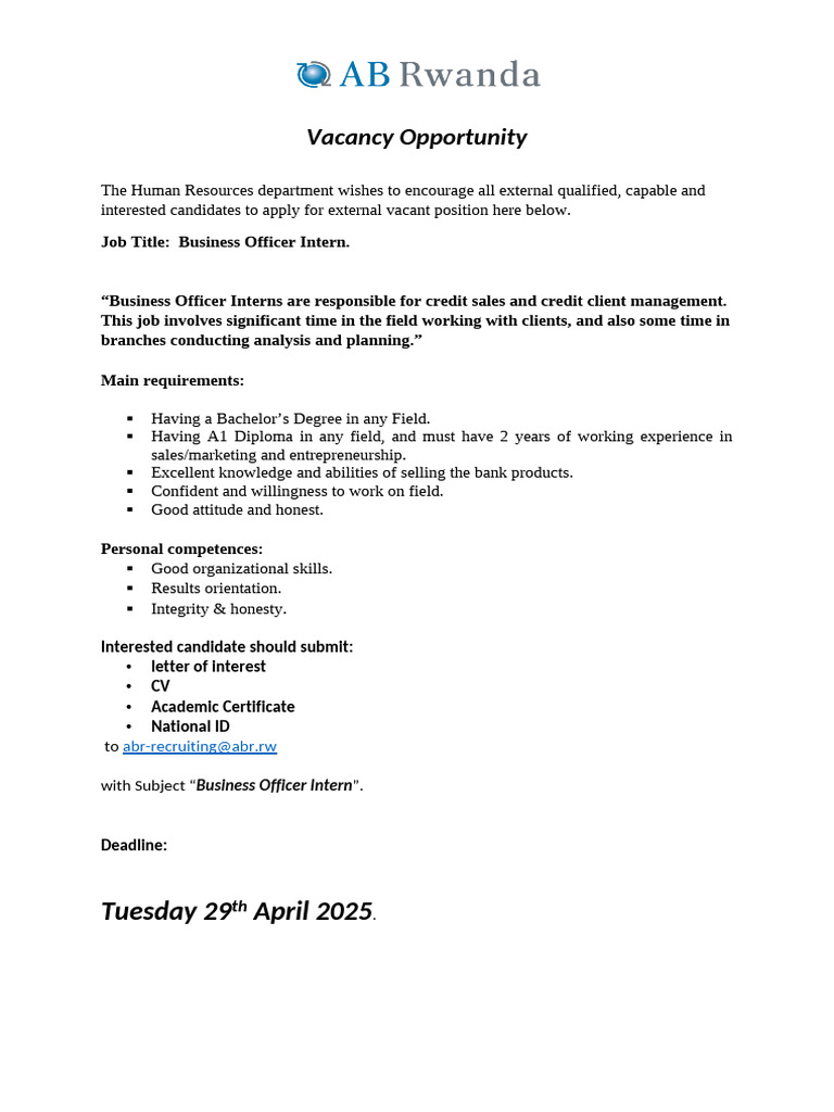 Business Officer Intern Vacancy Announcement | PDF