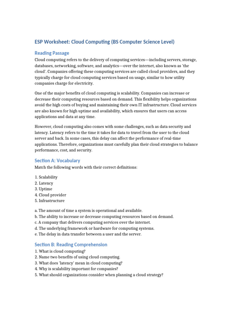 ESP Cloud Computing Worksheet | PDF