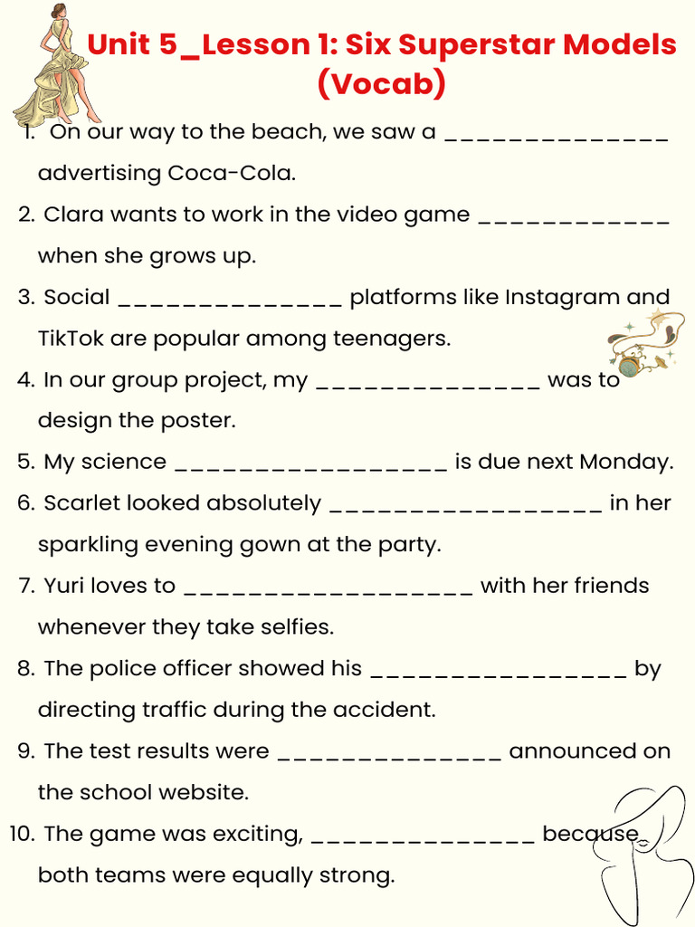 Unit 5 - Lesson 1 Six Superstar Models (Vocab) | PDF