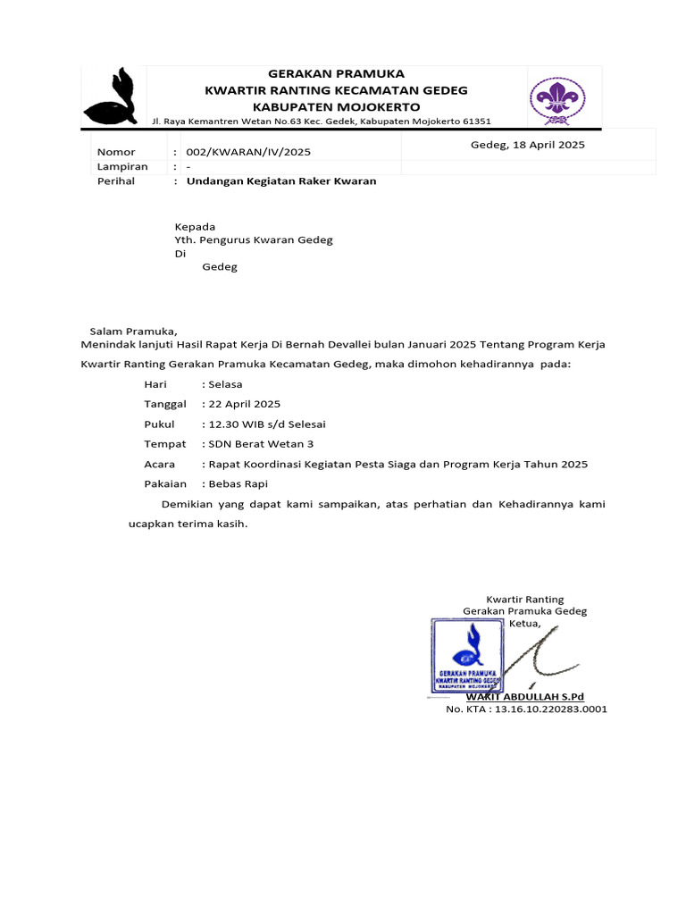 Undangan Raker Kwaran Pramuka Gedeg | PDF