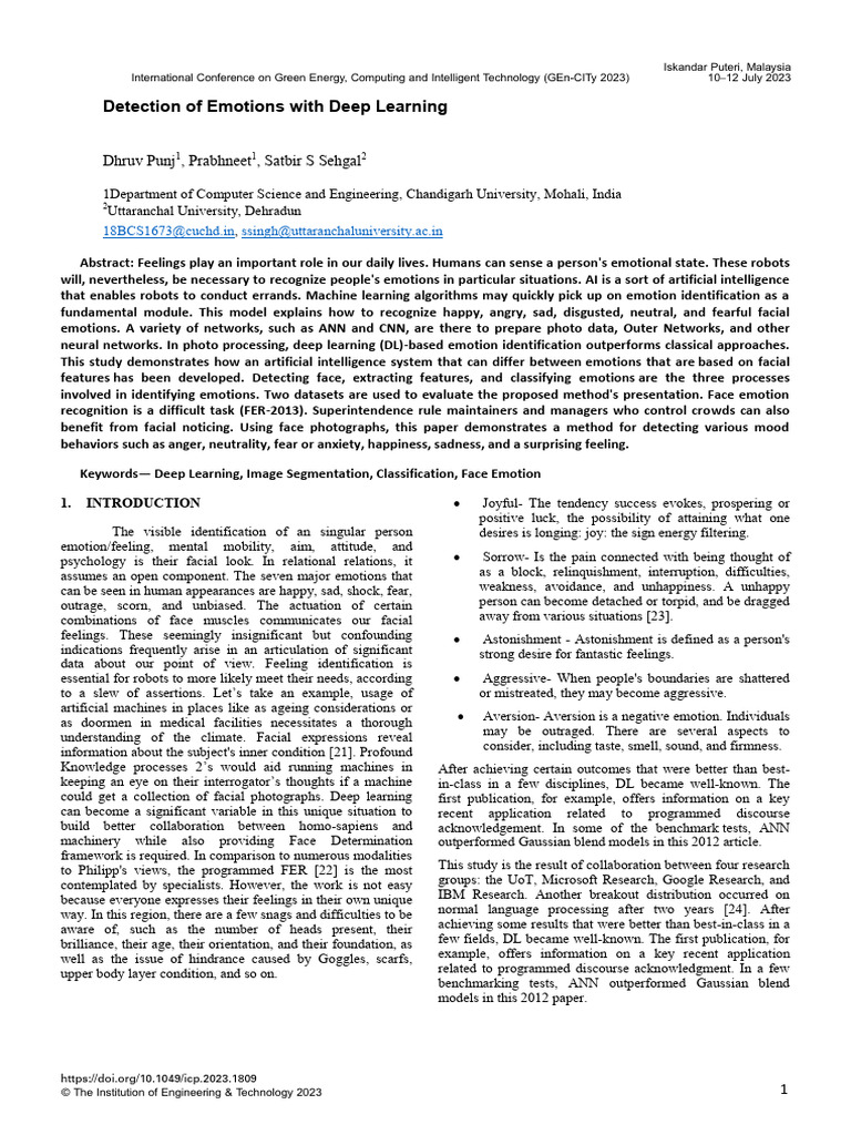 Detection of Emotions With Deep Learning | PDF | Emotions | Artificial ...