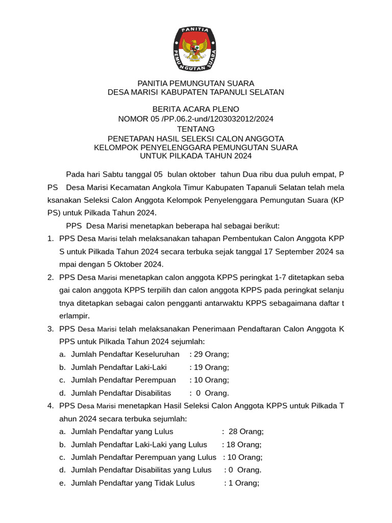 4a. Berita Acara Pps Penetapan Hasil Seleksi Kpps Desa Marisi | PDF