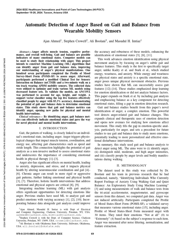 Automatic Detection of Anger Based on Gait and Balance From Wearable Mobility Sensors | PDF ...
