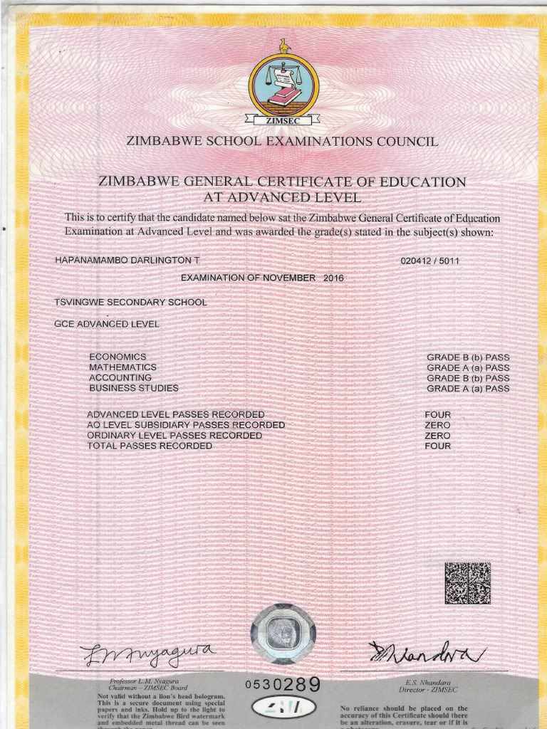 Darlington Hapanamambo A'Level Certificate | PDF