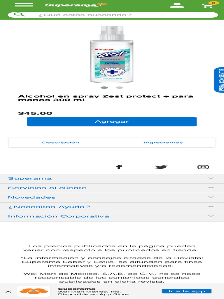 Alcohol en Spray Zest Protect + para Manos 300 ML Superama A Domicilio ...