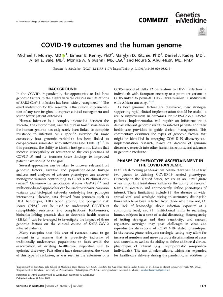 COVID-19 Outcomes and The Human Genome | PDF | Infection ...