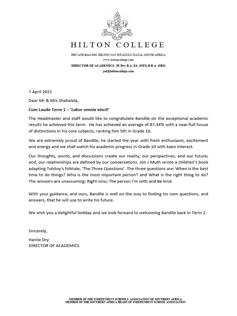 Bandile's Academic Achievement Letter | PDF