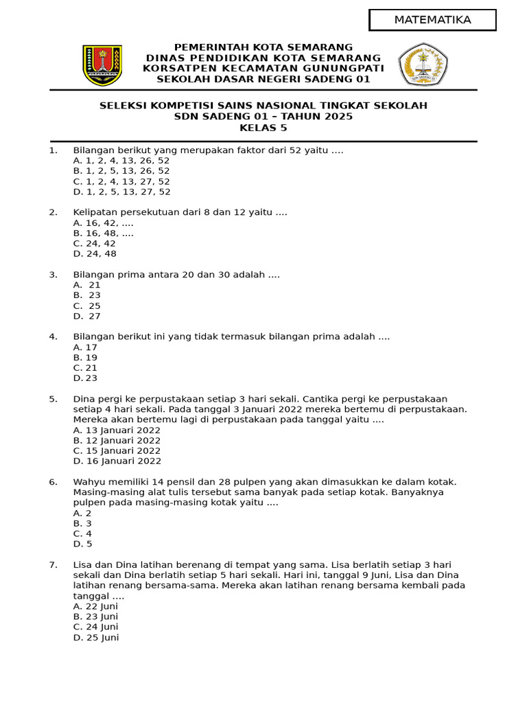 Soal Seleksi KSN Matematika 2025 Kelas 5 Revisi Dan Kunci | PDF