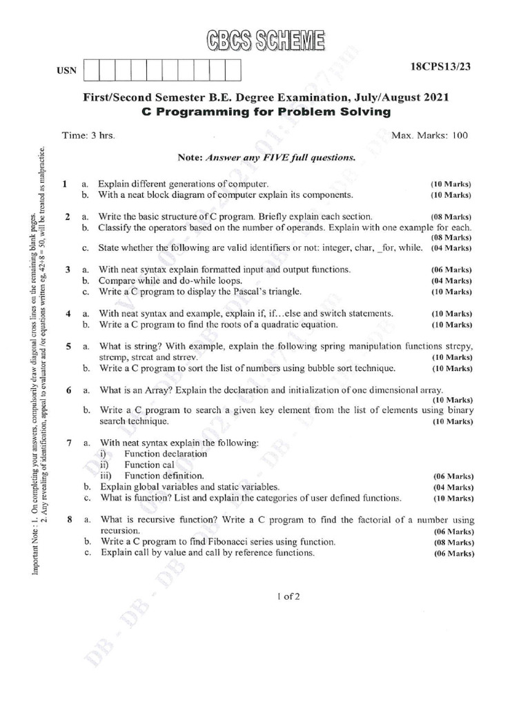 Be 1 Sem 2 Sem C Programming For Problem Solvign 18cps13 Aug 2021 | PDF