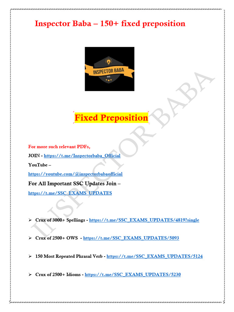 150+ Fixed Preposition by Inspector Baba | PDF