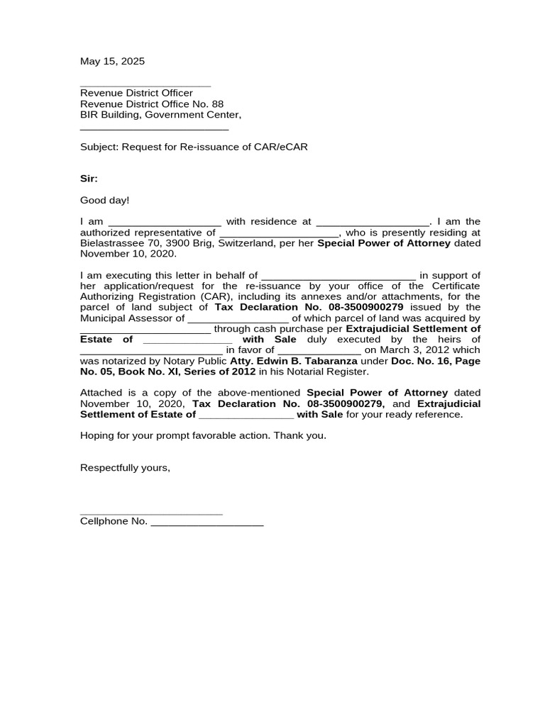 Request CAR Re Issuance BIR | PDF