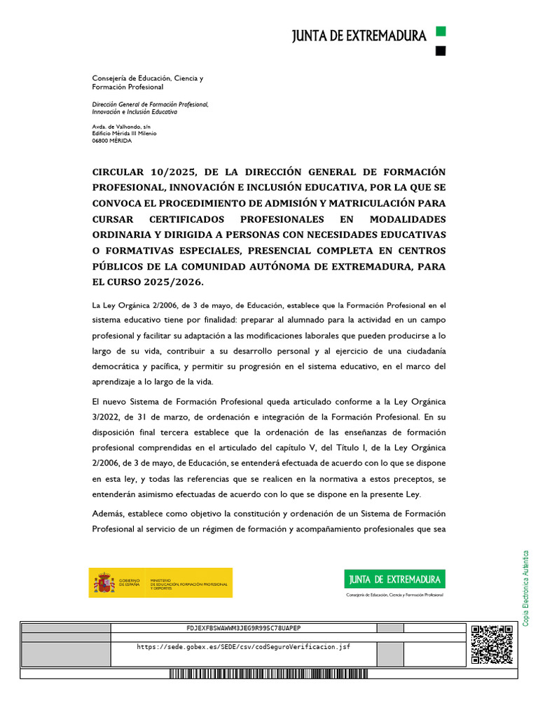 Circular 10 2025 Admision Certifi (F) | PDF | Educación vocacional | Inclusión (Educación)