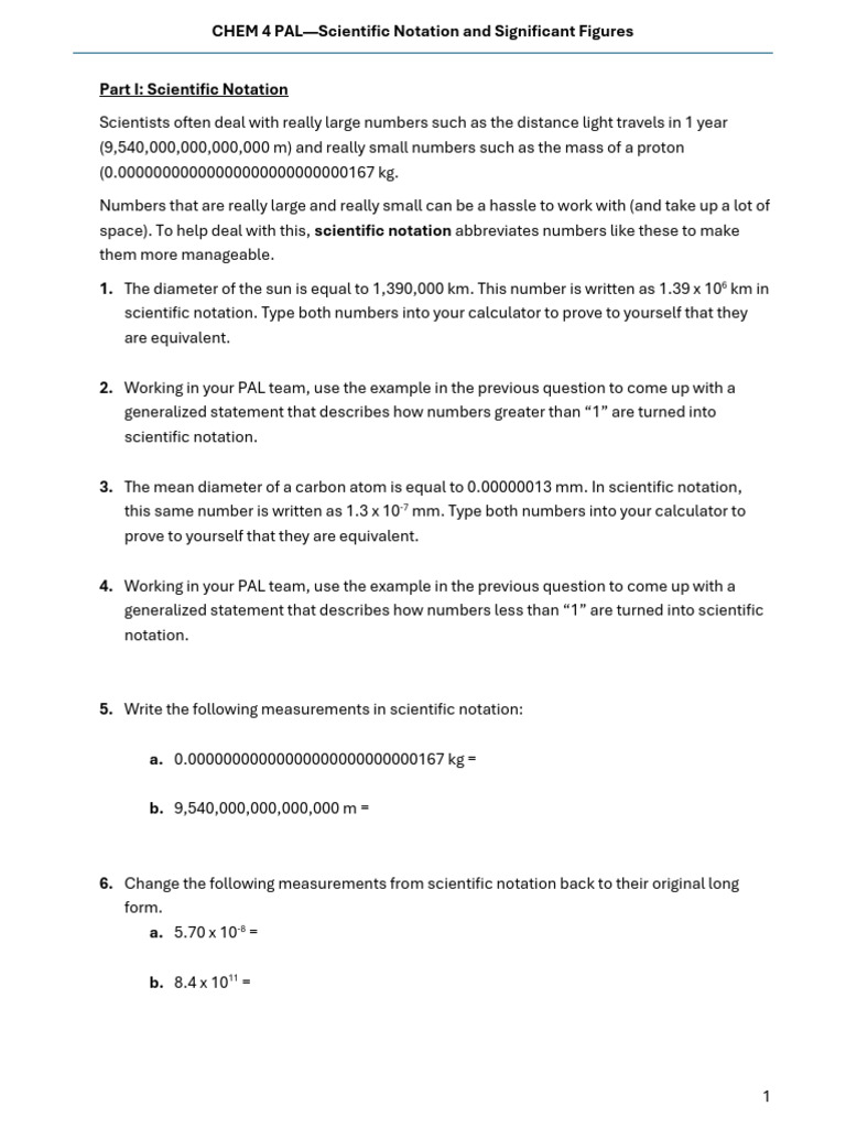 Pal Worksheet 4 Scientific Notation and Significant Figures | PDF ...