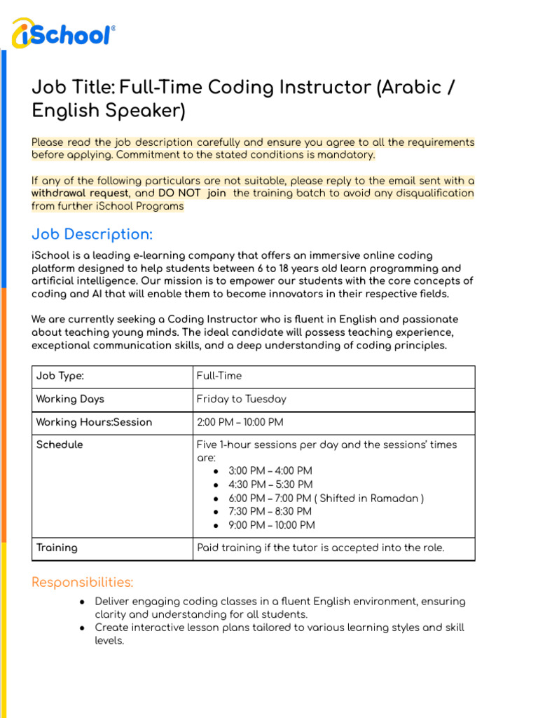 Coding Instructor Job Opportunity | PDF | Computer Programming | Learning