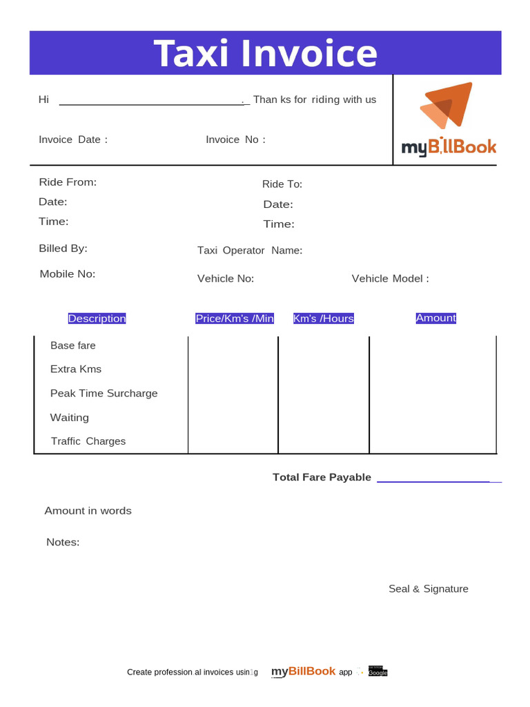 Taxi Invoice Format Template | PDF