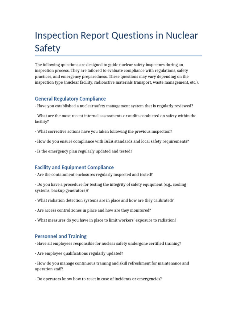 Nuclear Safety Inspection Questions | PDF | Radioactive Contamination ...