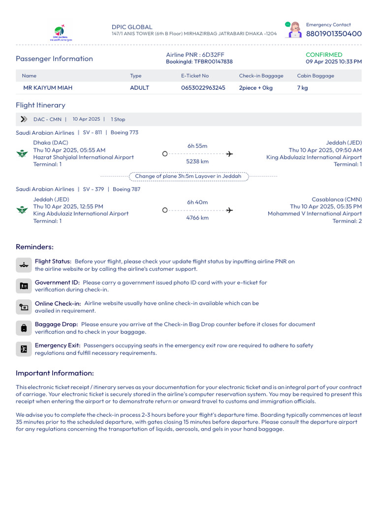 Flight Itinerary for SV 811 to CMN | PDF | Airlines | Transport