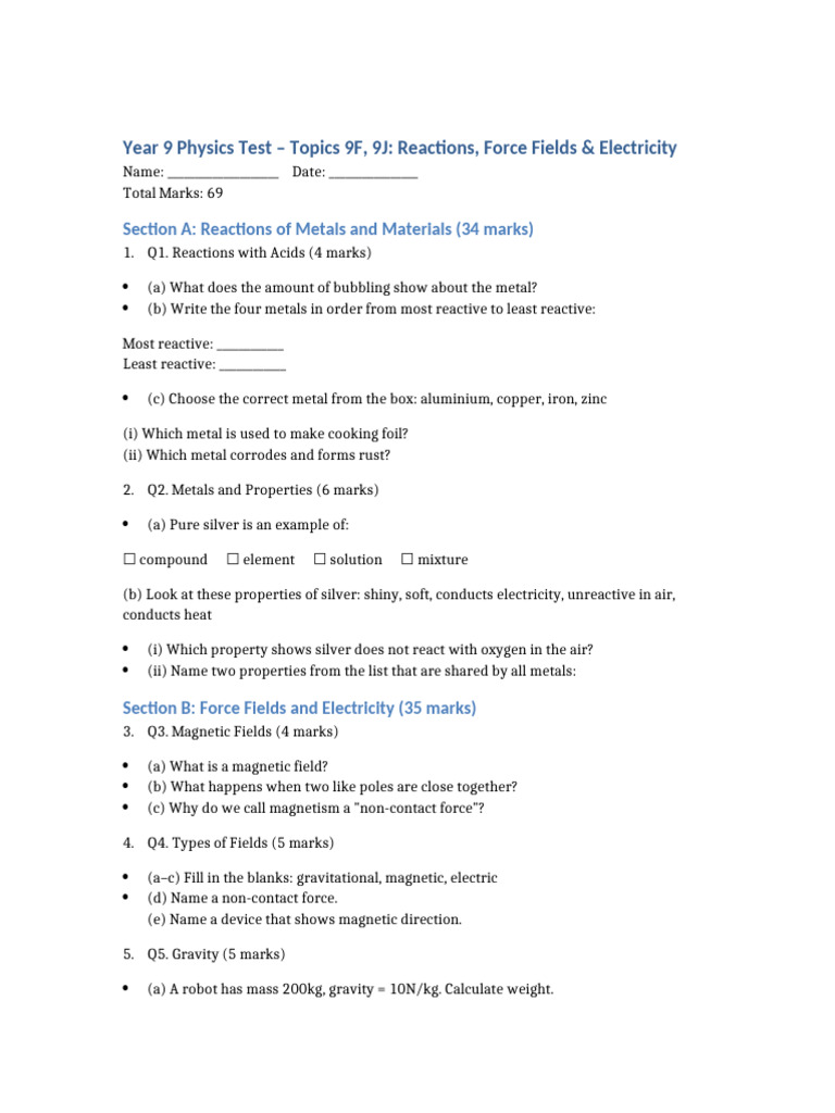 Y9 Physics Chemistry Combined Test No Pictures | PDF