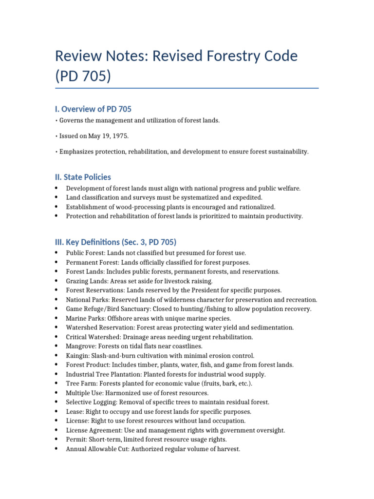 Review Notes Revised Forestry Code PD705 | PDF | Forests | Forestry