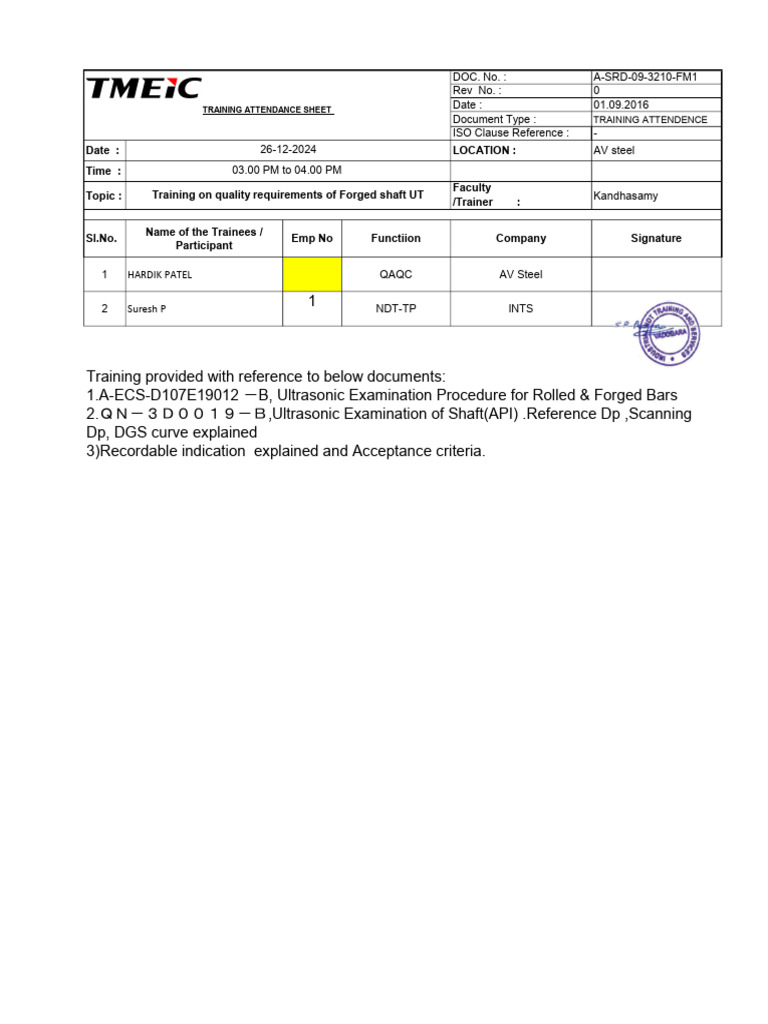 TMEIC Interview Questions Training Attendance | PDF