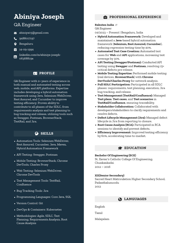 New Resume Abiniya Joseph | PDF | Selenium (Software) | Software Development Process
