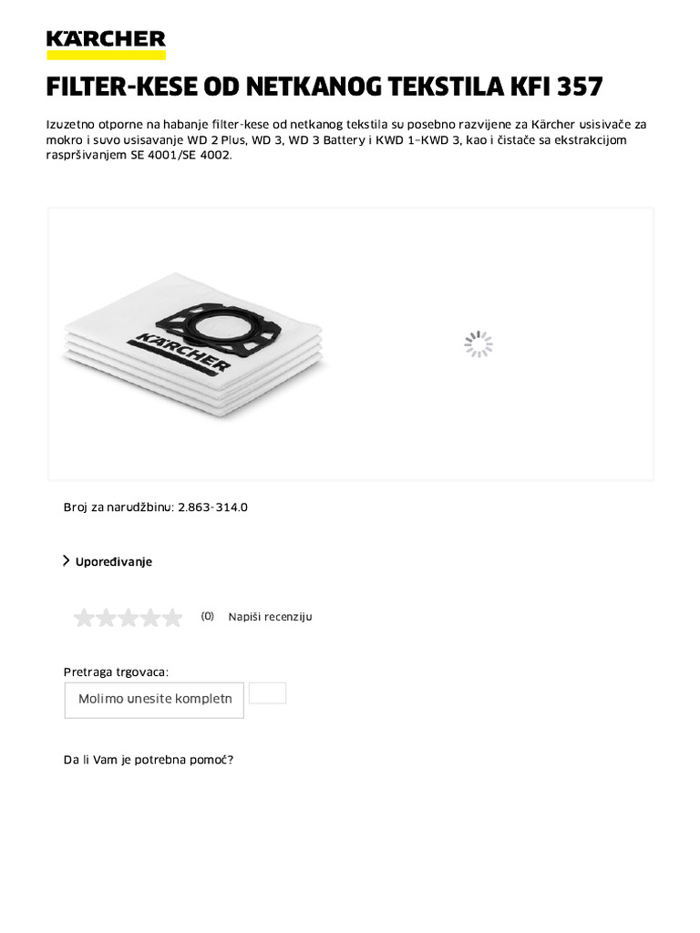 Filter-Kese Od Netkanog Tekstila KFI 357 - Kärcher | PDF