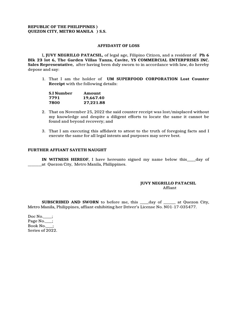 Affidavit of Loss Juvy Patacsil 3 | PDF | Affidavit | Metro Manila