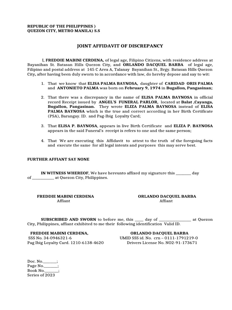 Joint Affidavit of Name Discrepancy | PDF