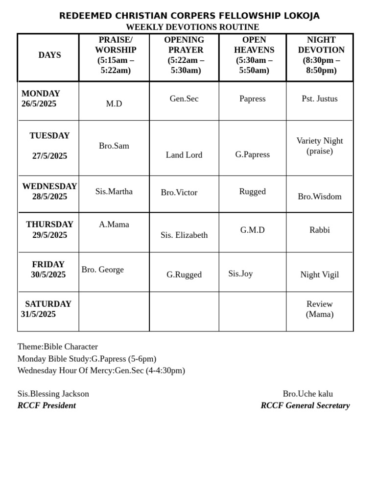 Weekly Activities Schedule | PDF